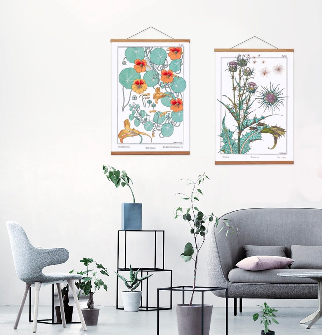 Vintage Botanical Prints, Art Deco Canvas Hangings, Set of 2 Wooden ...
