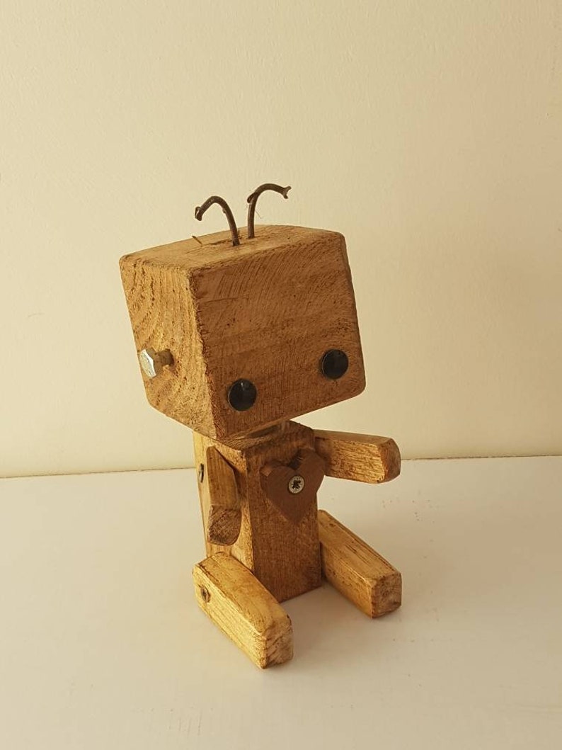 Handmade Wooden Robot Figurine: Rustic Recycled Wood Desktop Decor - Etsy