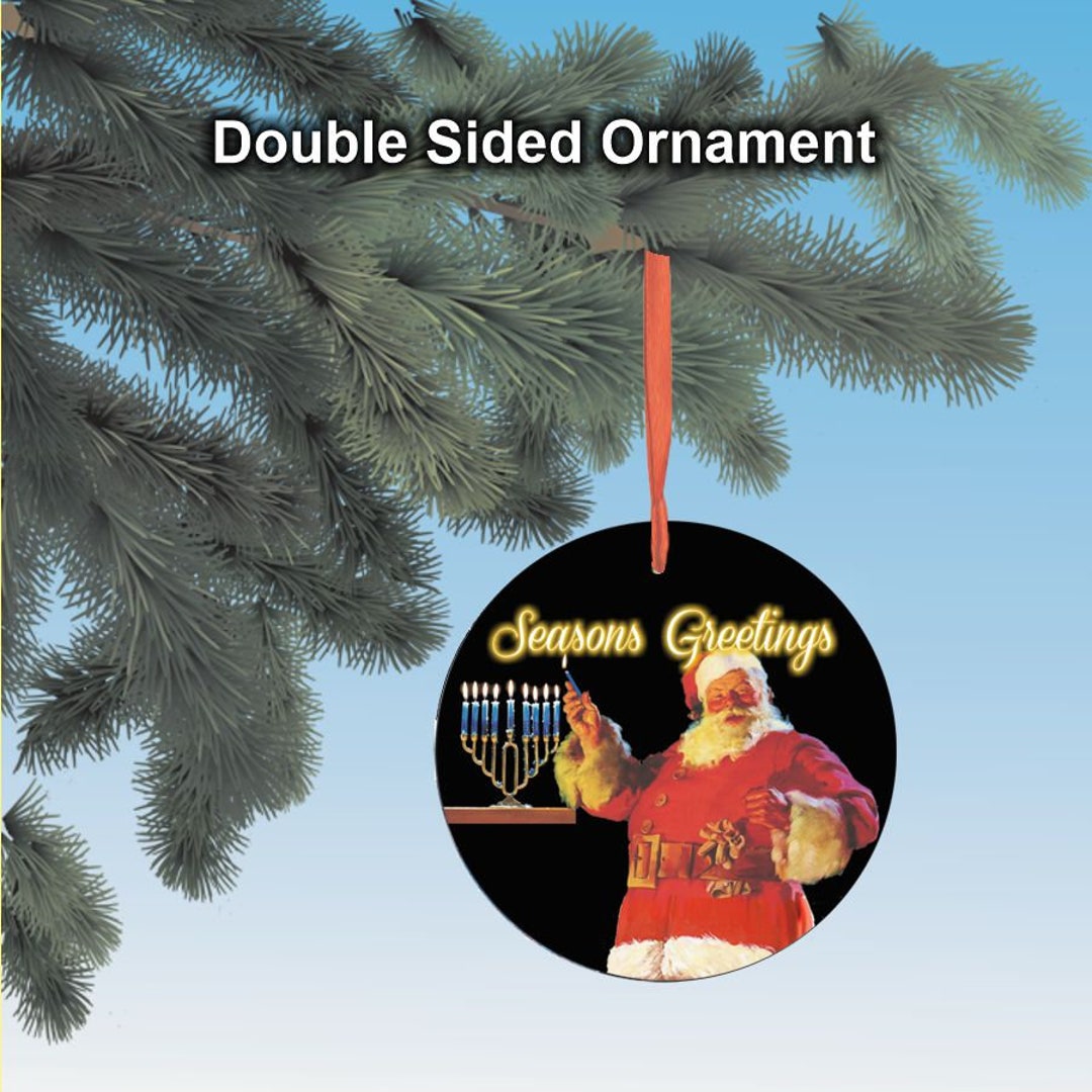 Santa Claus Lighting the Menorah Seasons Greetings Printed on Light ...