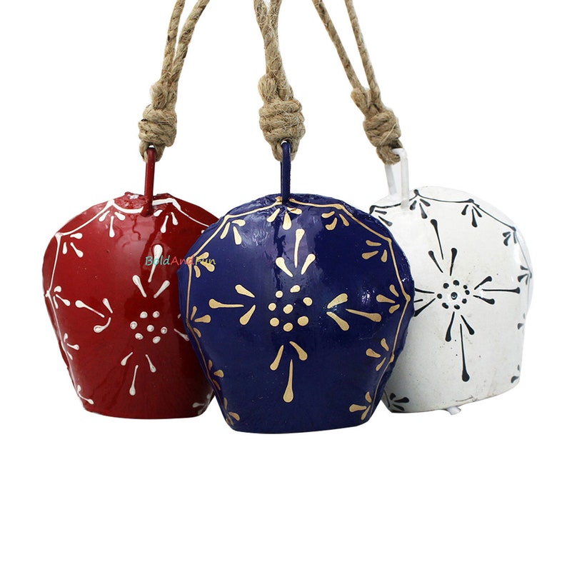 3 Semi Circle Hand Painted Cow Bells red Blue & White - Etsy