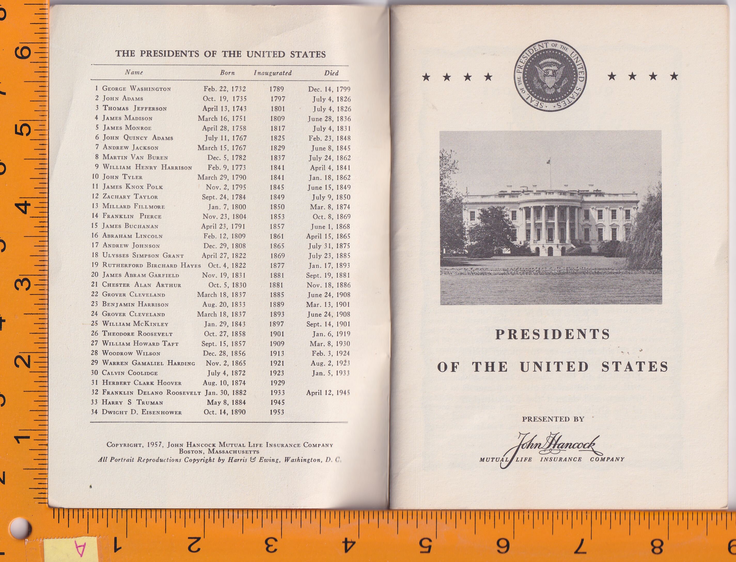 John Hancock's Presidents of the United States Pamphlet up to Dwight D ...