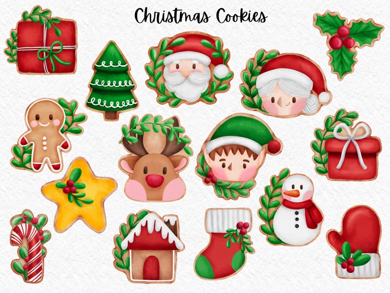Christmas Cookies Digital Watercolor Clipart PNG, Santa , Snowman ...