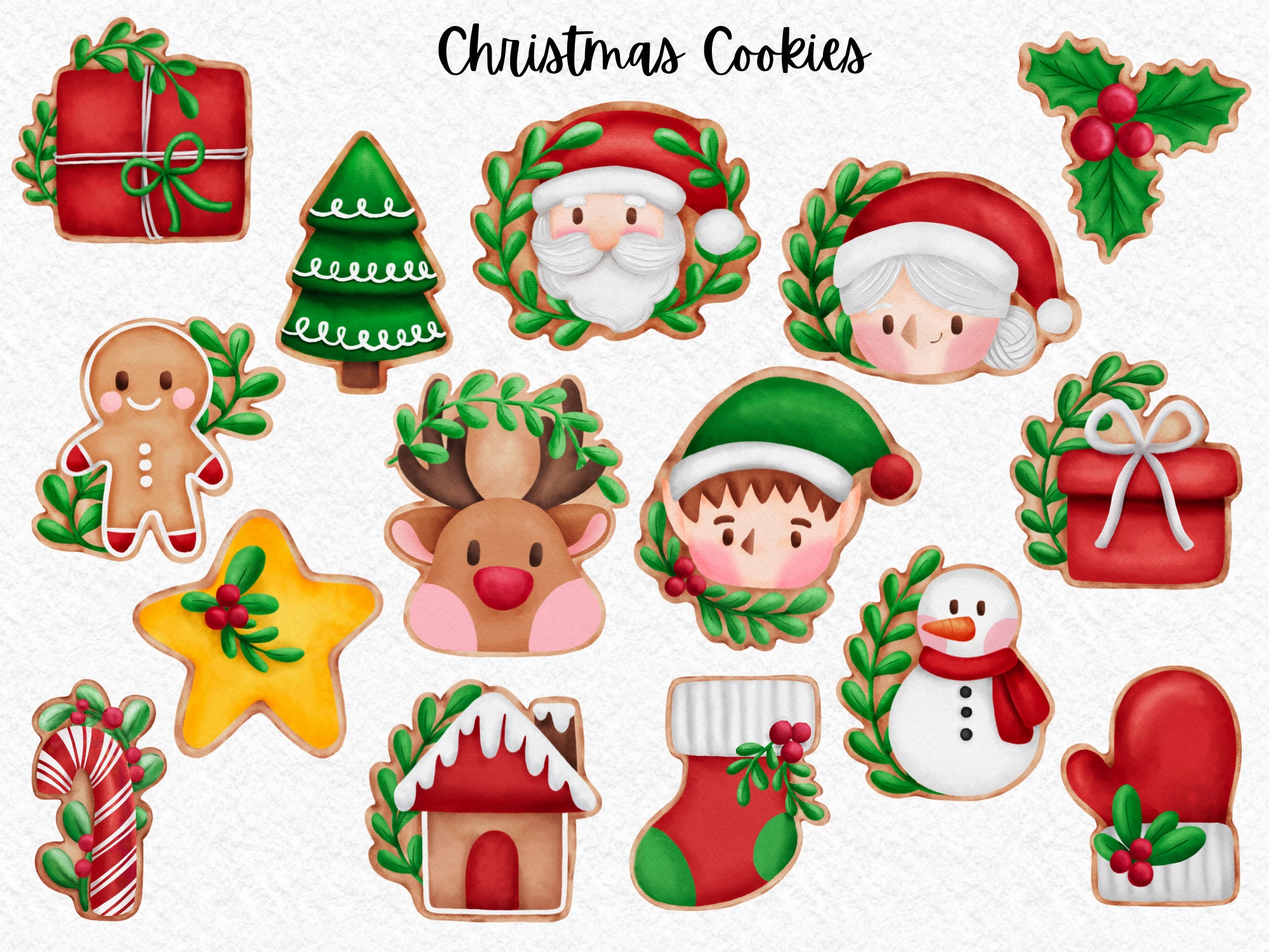 Christmas Cookies Digital Watercolor Clipart PNG, Santa , Snowman ...