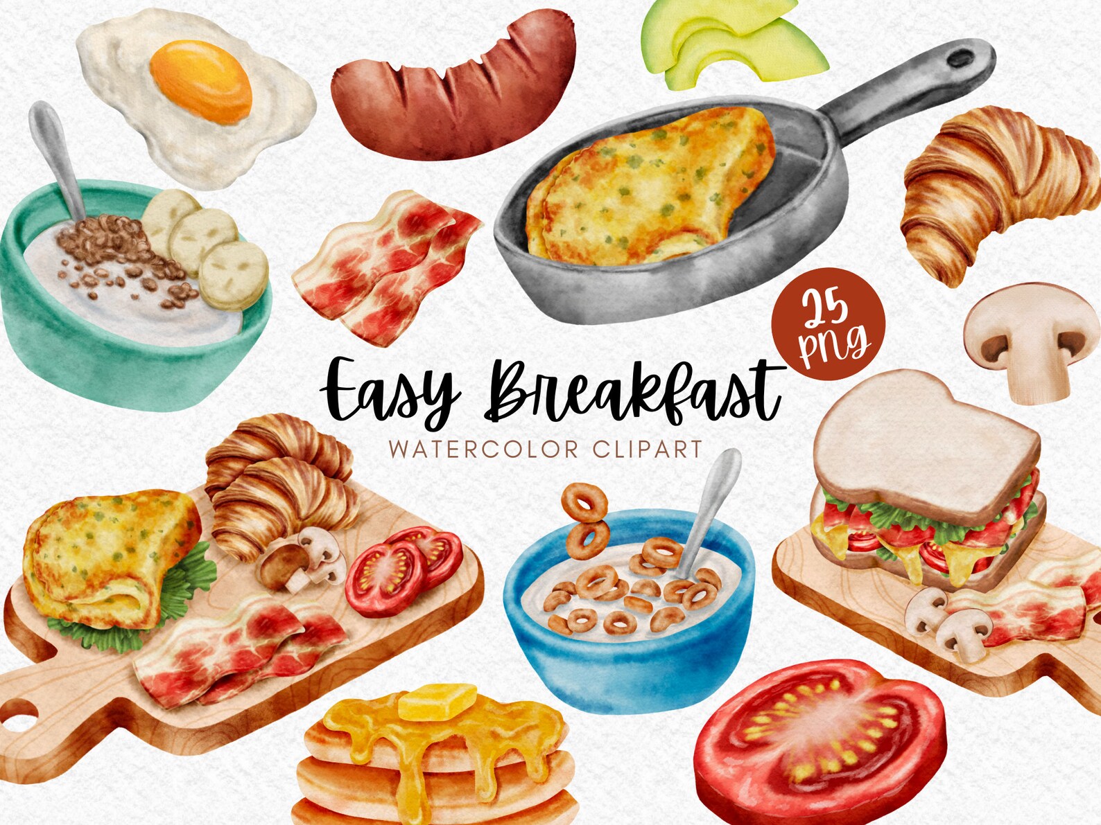 Easy Breakfast Watercolor Clipart PNG Digital Download Sandwich Bacon ...