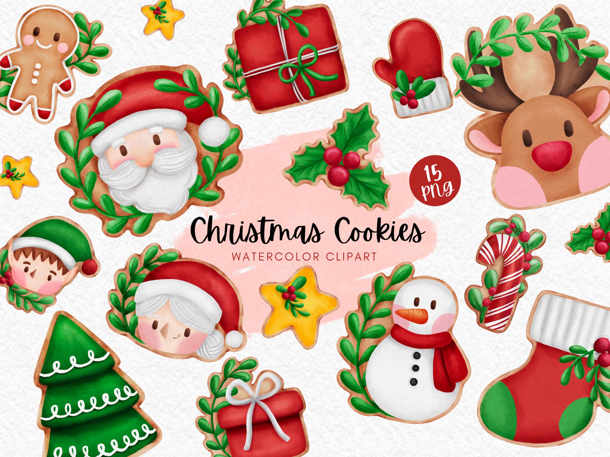 Christmas Cookies Digital Watercolor Clipart PNG, Santa , Snowman ...