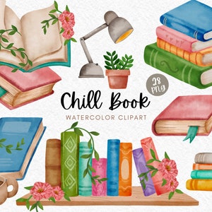 Chill Book Watercolor Clipart PNG Book Lover Sticker Print Cute Vintage ...