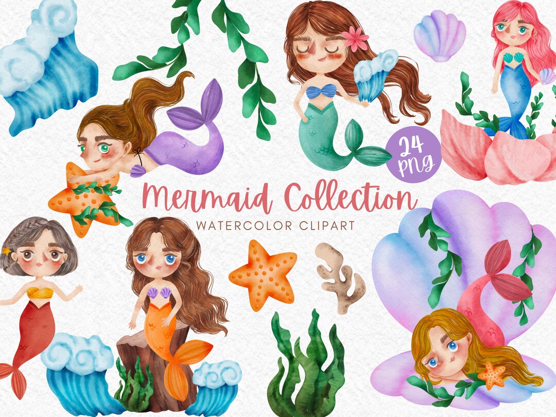 Mermaid Collection Watercolor Clipart PNG Digital Download Cute Kid ...
