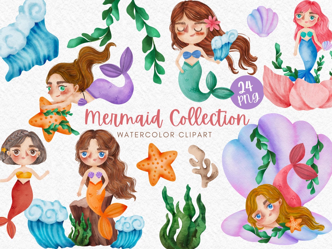 Mermaid Collection Watercolor Clipart PNG Digital Download - Etsy