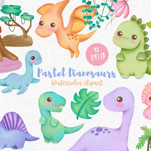 Dinosaurs Watercolor Clipart Cute Dino PNG Baby Girl Baby - Etsy