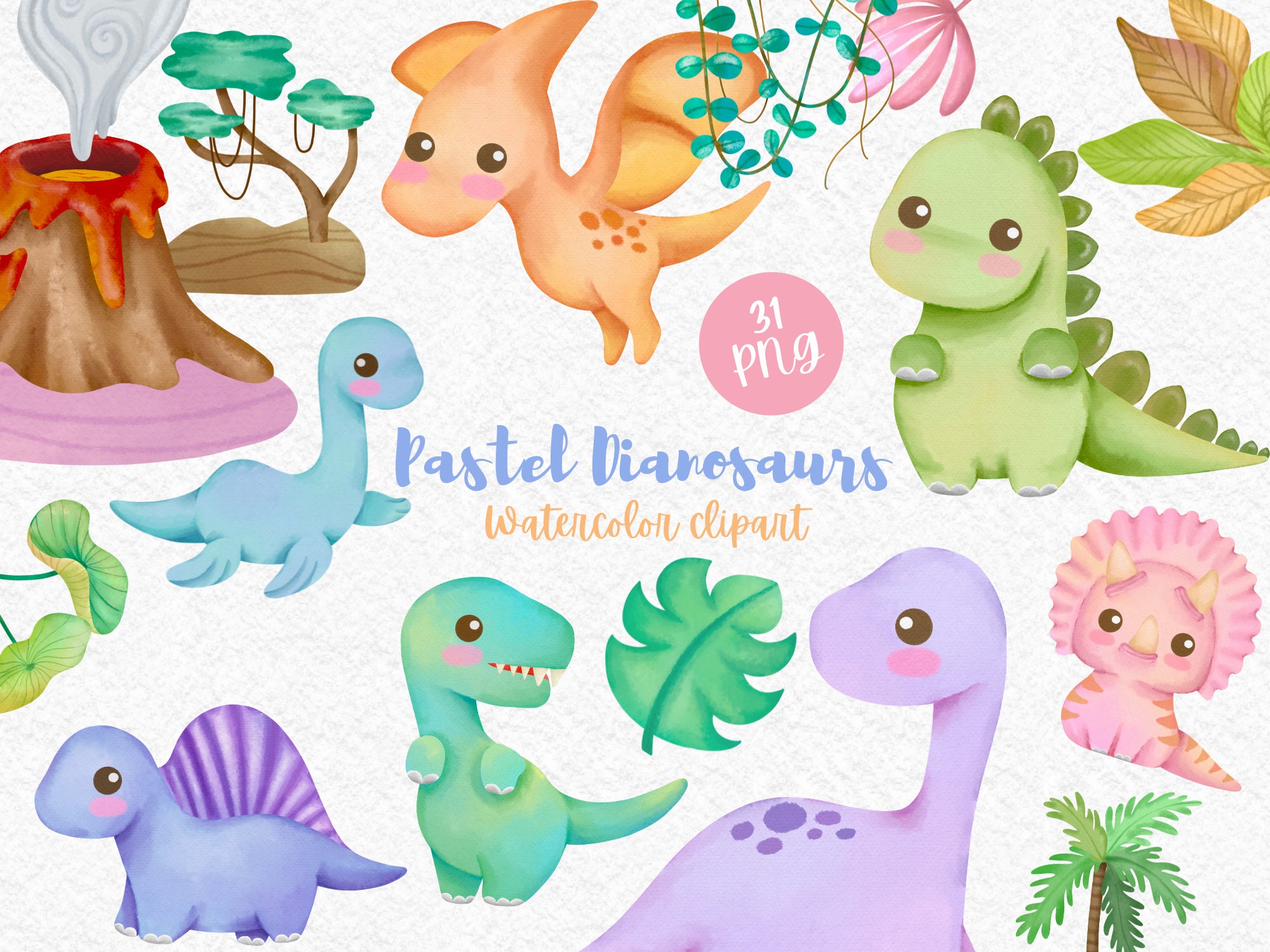 Pastel Dinosaurs Watercolor Clipart PNG Jurassic Elements Baby Dino ...