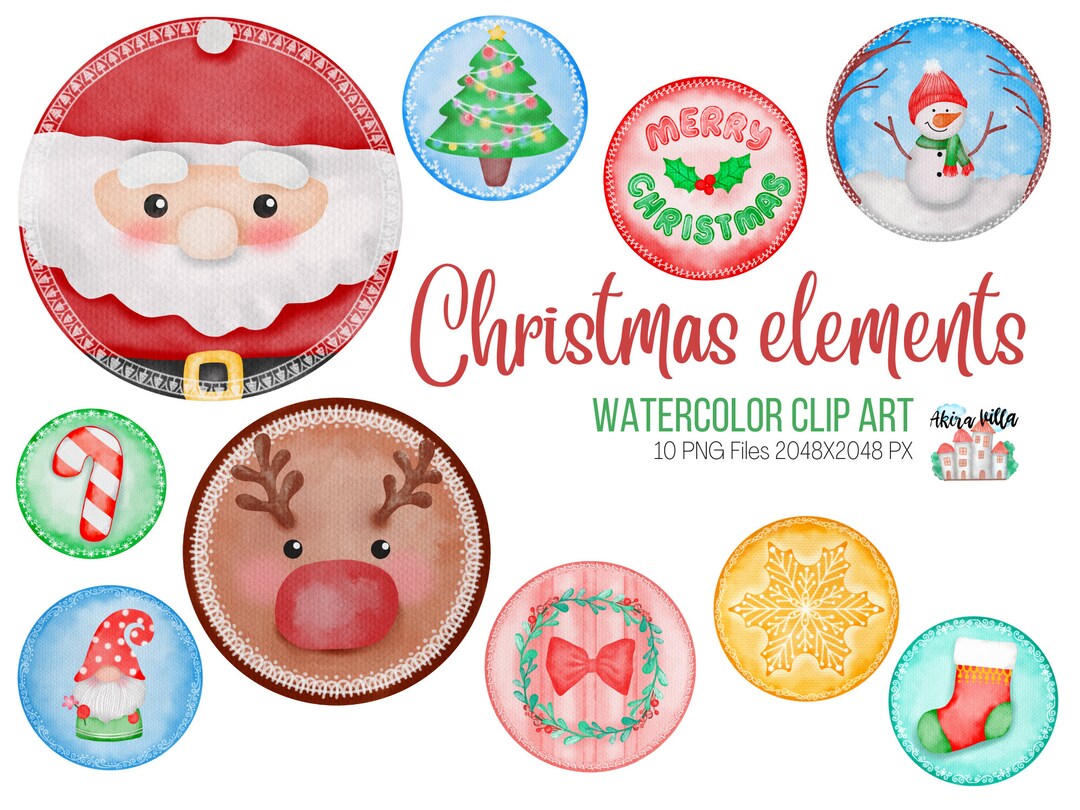 Christmas Elements, Christmas Watercolor Digital Clipart, Circle ...