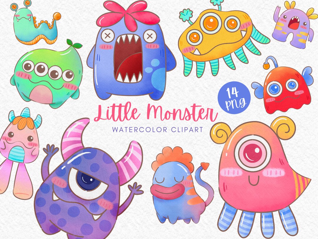 Little Monster Watercolor Clipart PNG Baby Monster Halloween Colorful ...