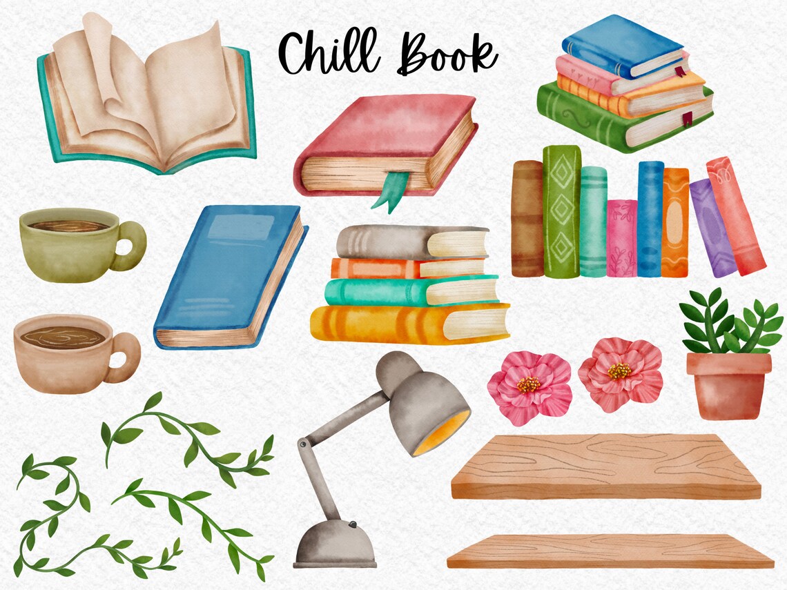 Chill Book Watercolor Clipart PNG Book Lover Sticker Print Cute Vintage ...