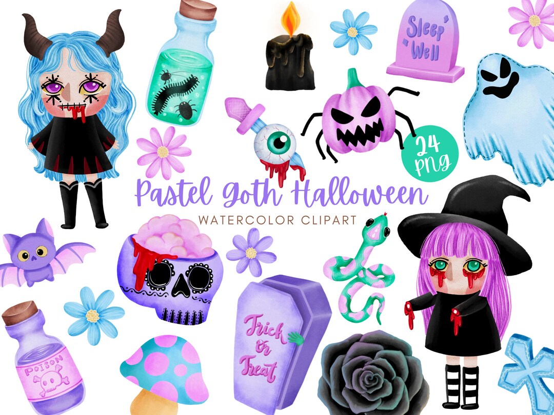 Pastel Goth Halloween Watercolor Clipart PNG Files Gothic Spooky Trick ...