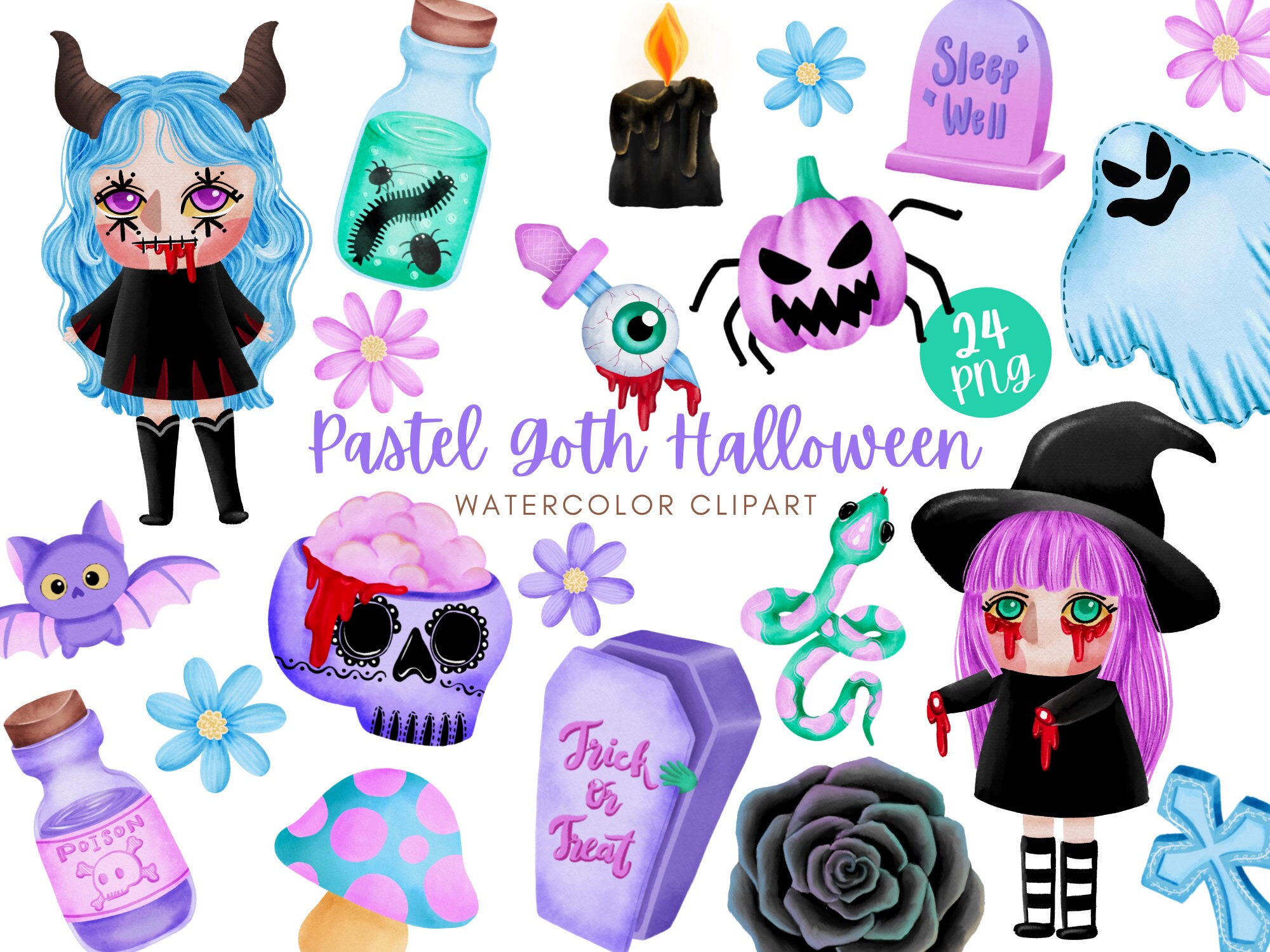 Pastel Goth Halloween Watercolor Clipart PNG Files Gothic Spooky Trick ...