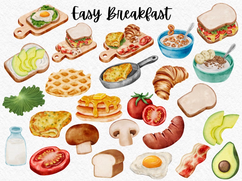 Easy Breakfast Watercolor Clipart PNG Digital Download Sandwich Bacon ...