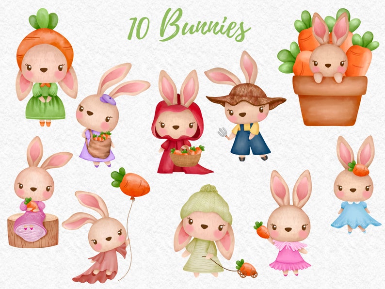 Bunny Village Watercolor Clipart, Easter Clipart PNG, Rabbit, Carrot ...