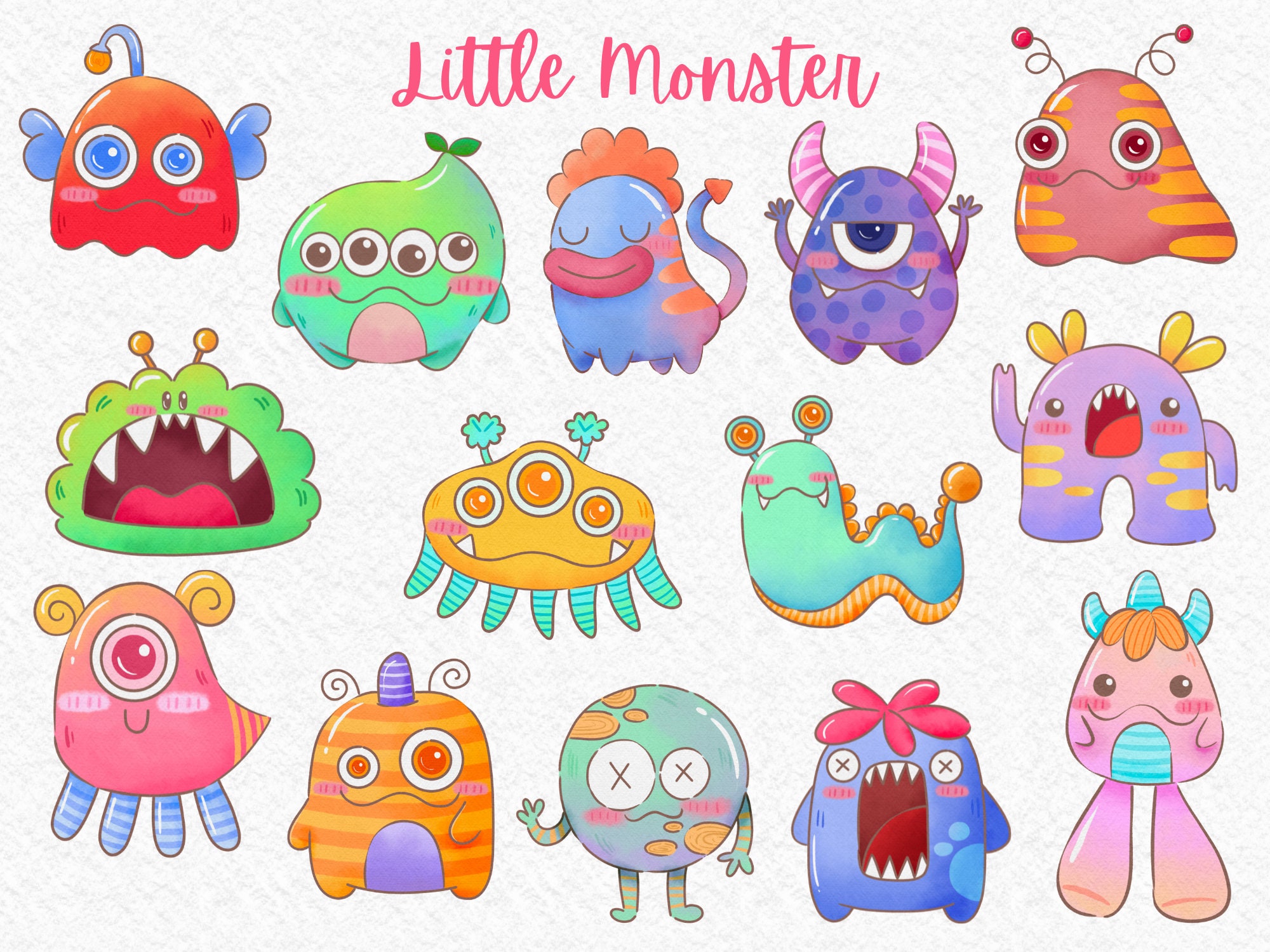 Little Monster Watercolor Clipart PNG Baby Monster Halloween Colorful ...