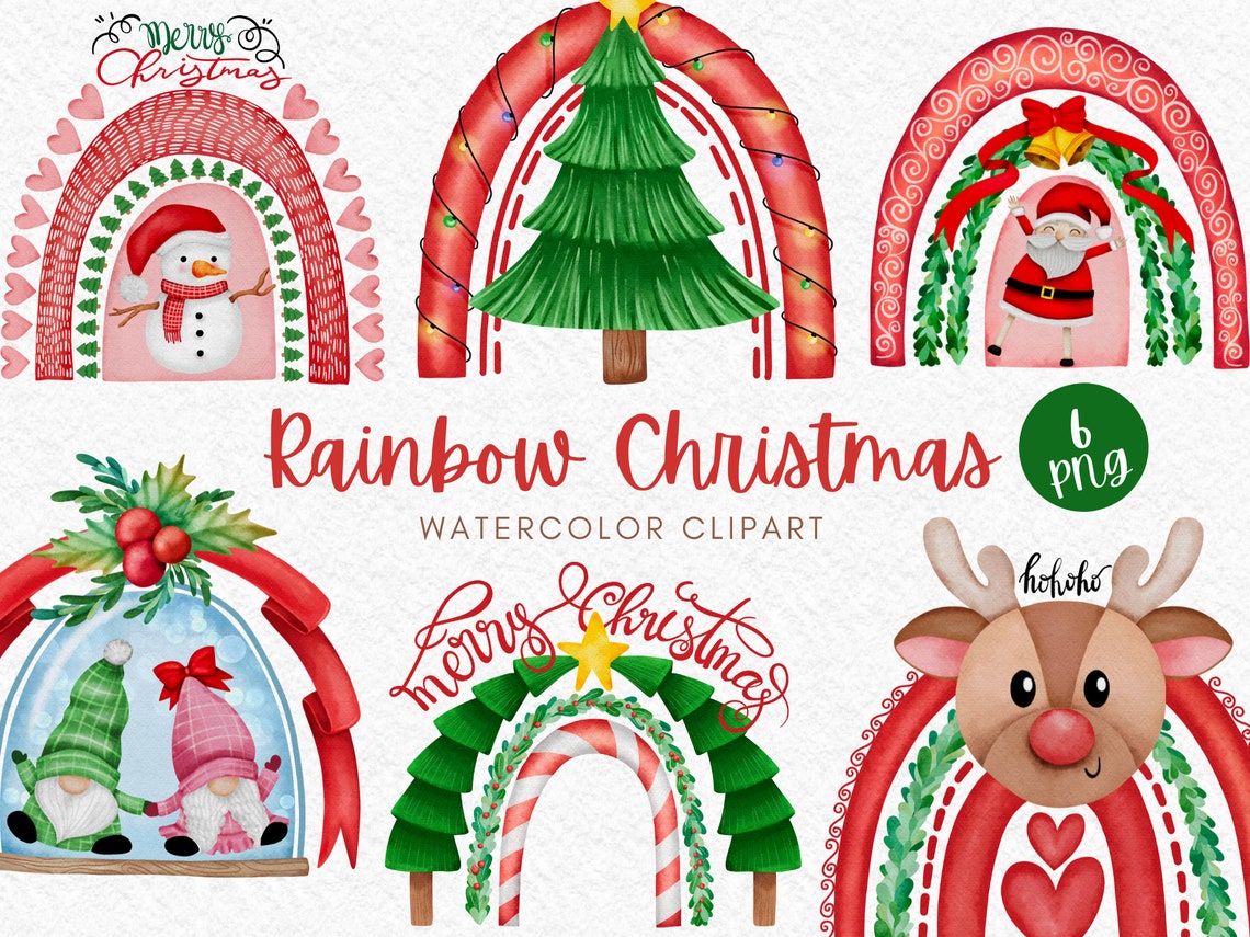 Rainbows Christmas Watercolor Digital Clipart , Santa , Snowman , Tree ...