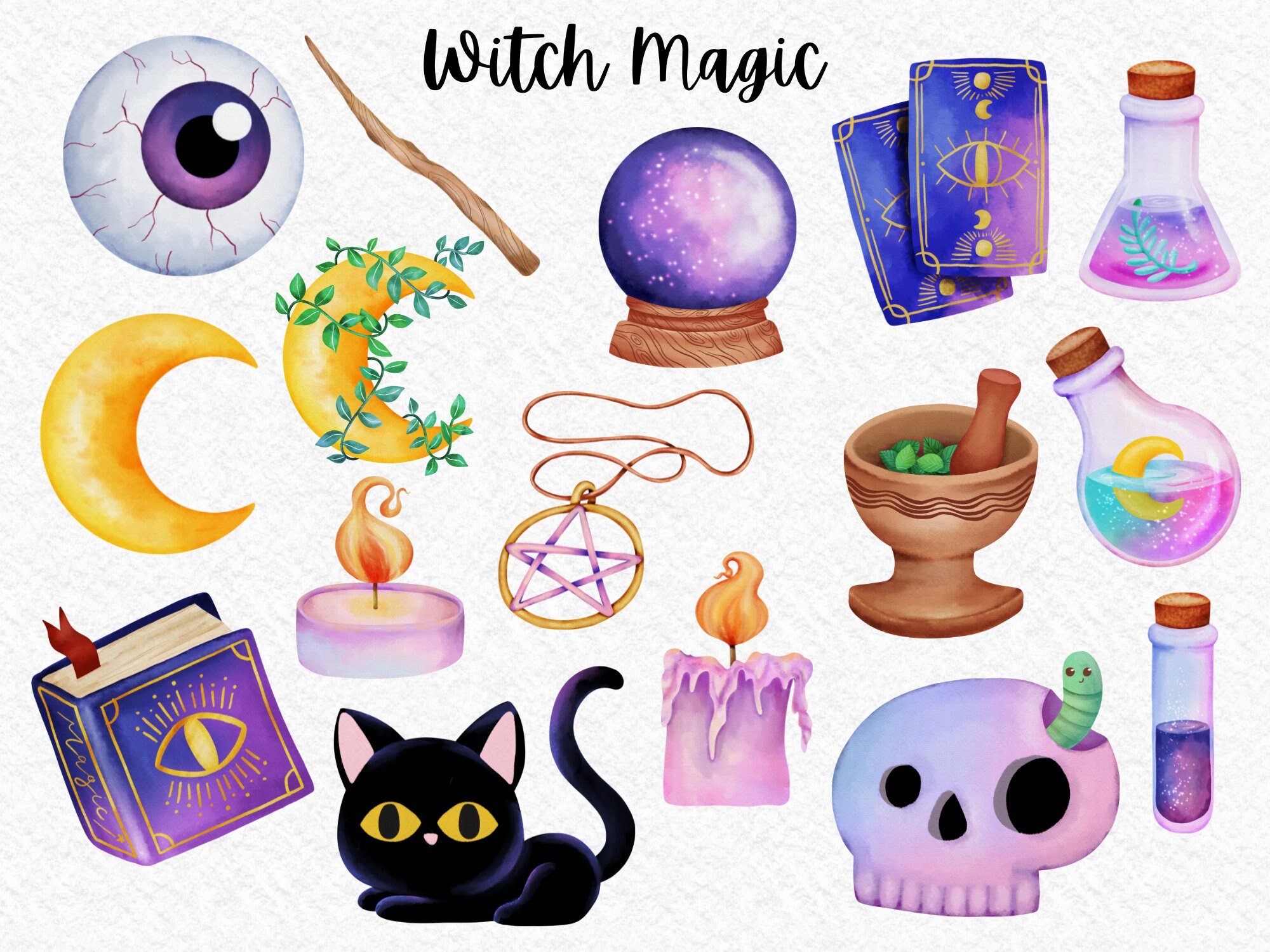 Witch Magic Watercolor Digital Clipart , Cute Magic Sticker, Witch PNG ...