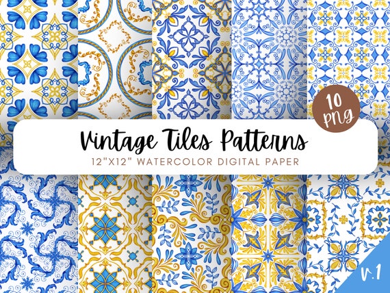 Vintage Tiles Pattern V.1 Watercolor Digital Paper printable - Etsy