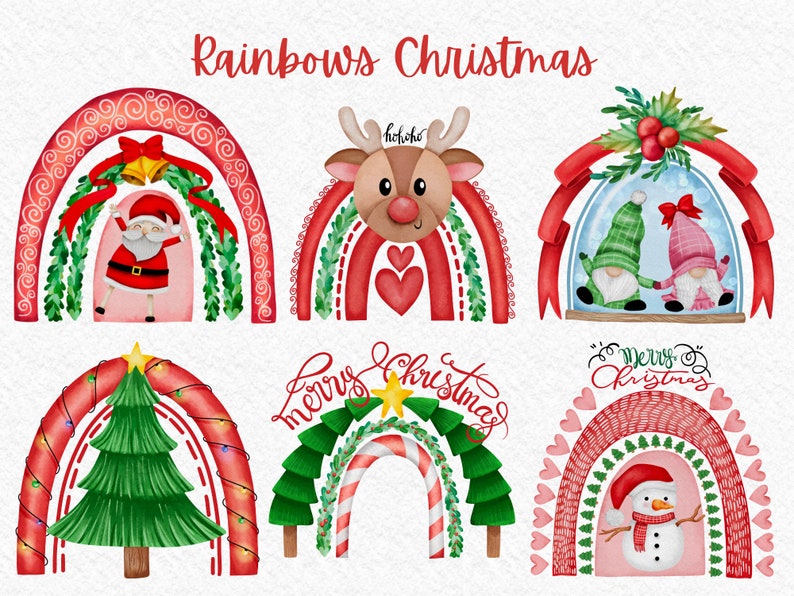 Rainbows Christmas Watercolor Digital Clipart , Santa , Snowman , Tree ...