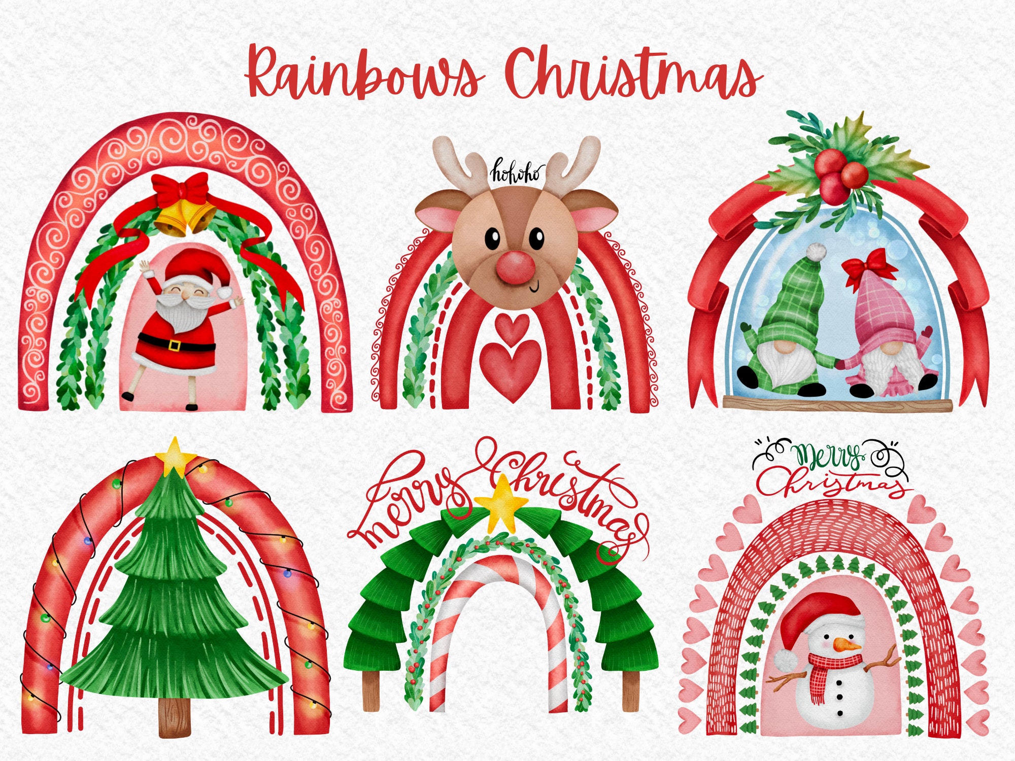 Rainbows Christmas Watercolor Digital Clipart , Santa , Snowman , Tree ...