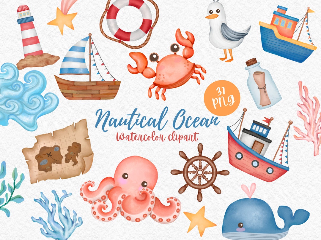 Nautical Ocean Elements Watercolor Clipart, Sea Animals, Clipart Under ...