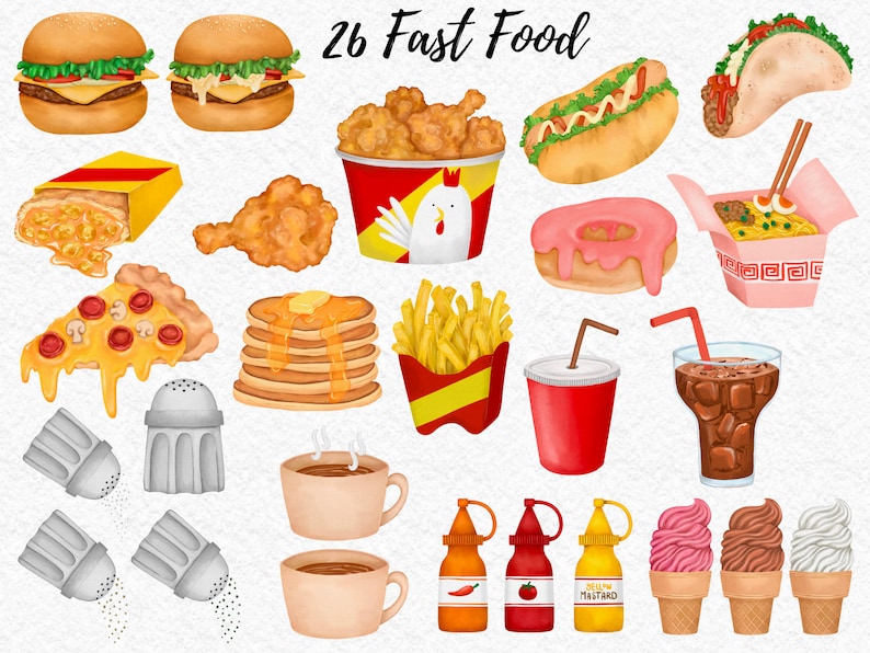 Fast Food Watercolor Digital Clipart PNG Download Junk Food Pizza Cheat ...