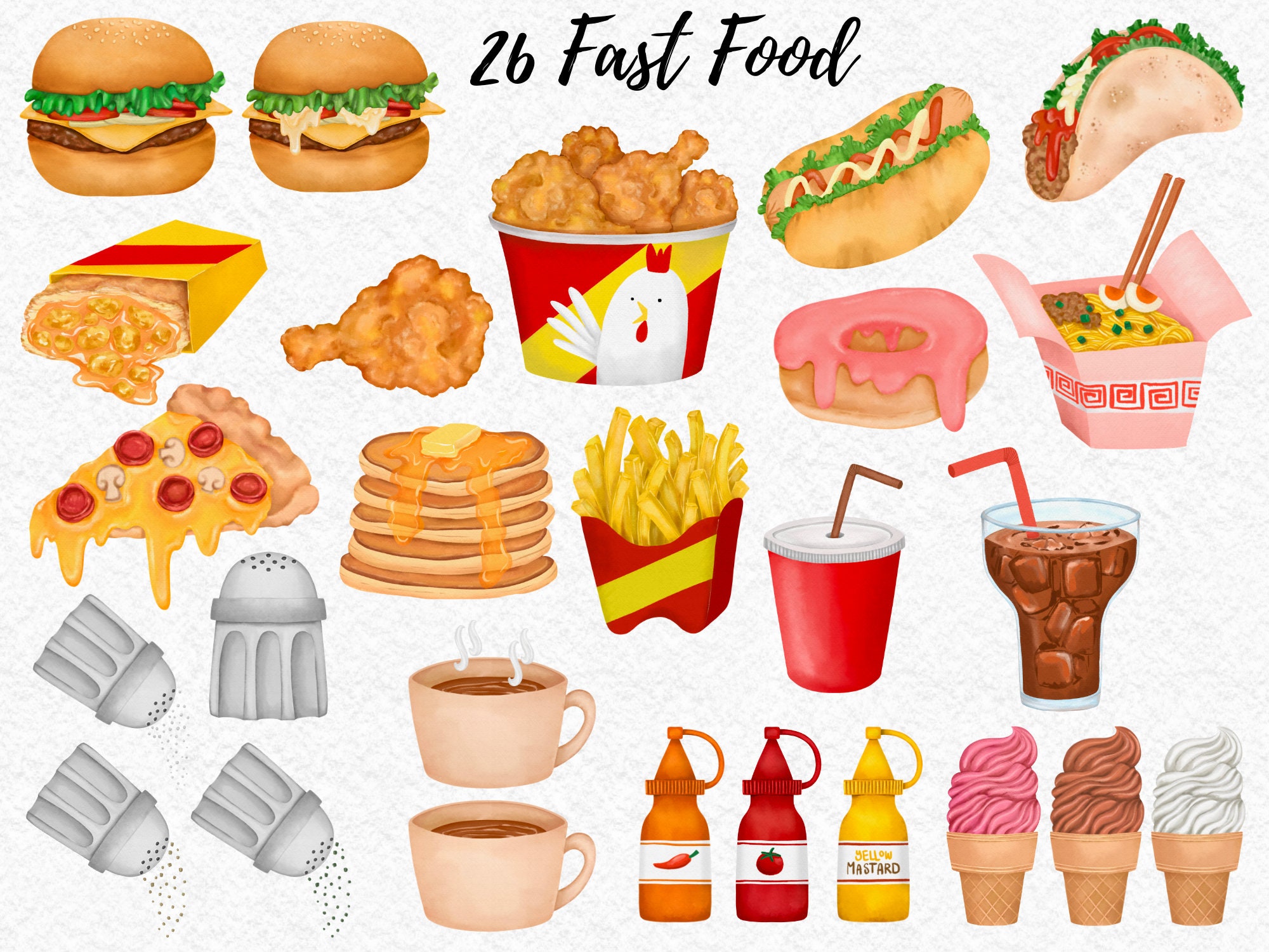 Fast Food Watercolor Digital Clipart PNG Download Junk Food Pizza Cheat ...