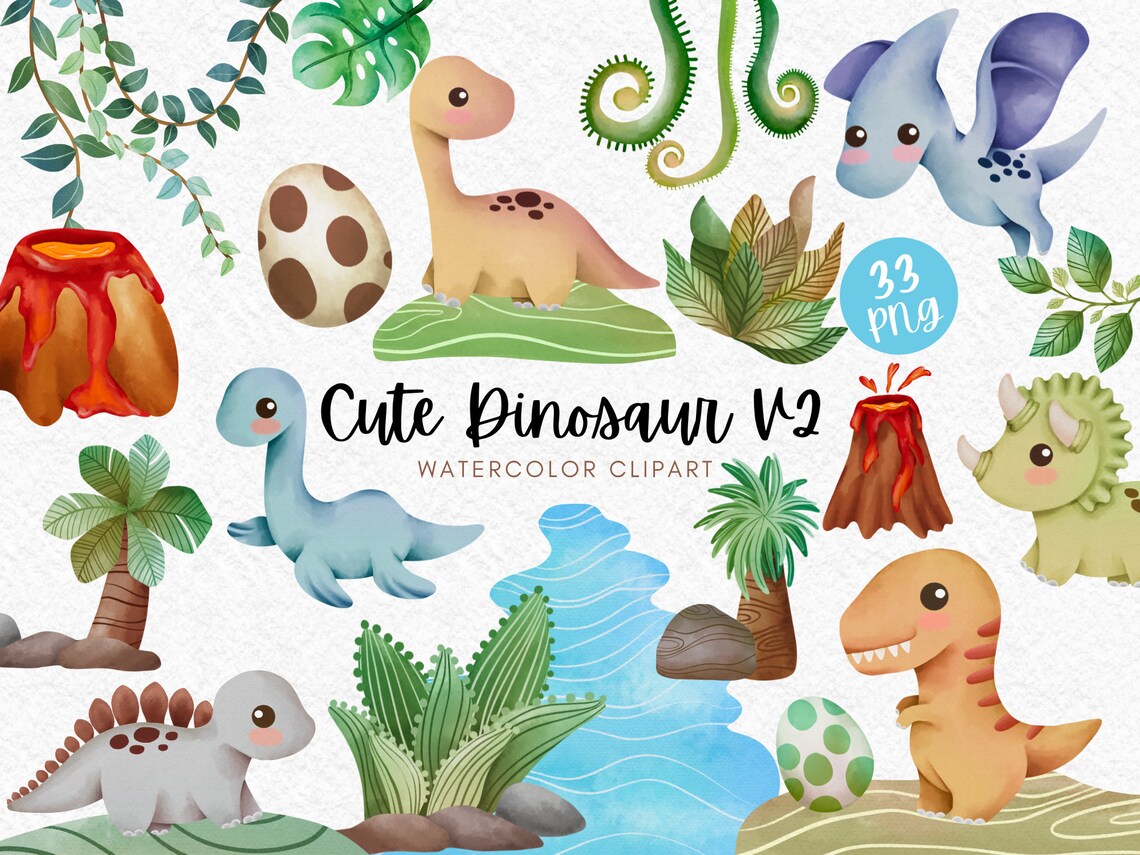 Cute Dinosaurs V2 Watercolor Clipart PNG Jurassic Elements - Etsy