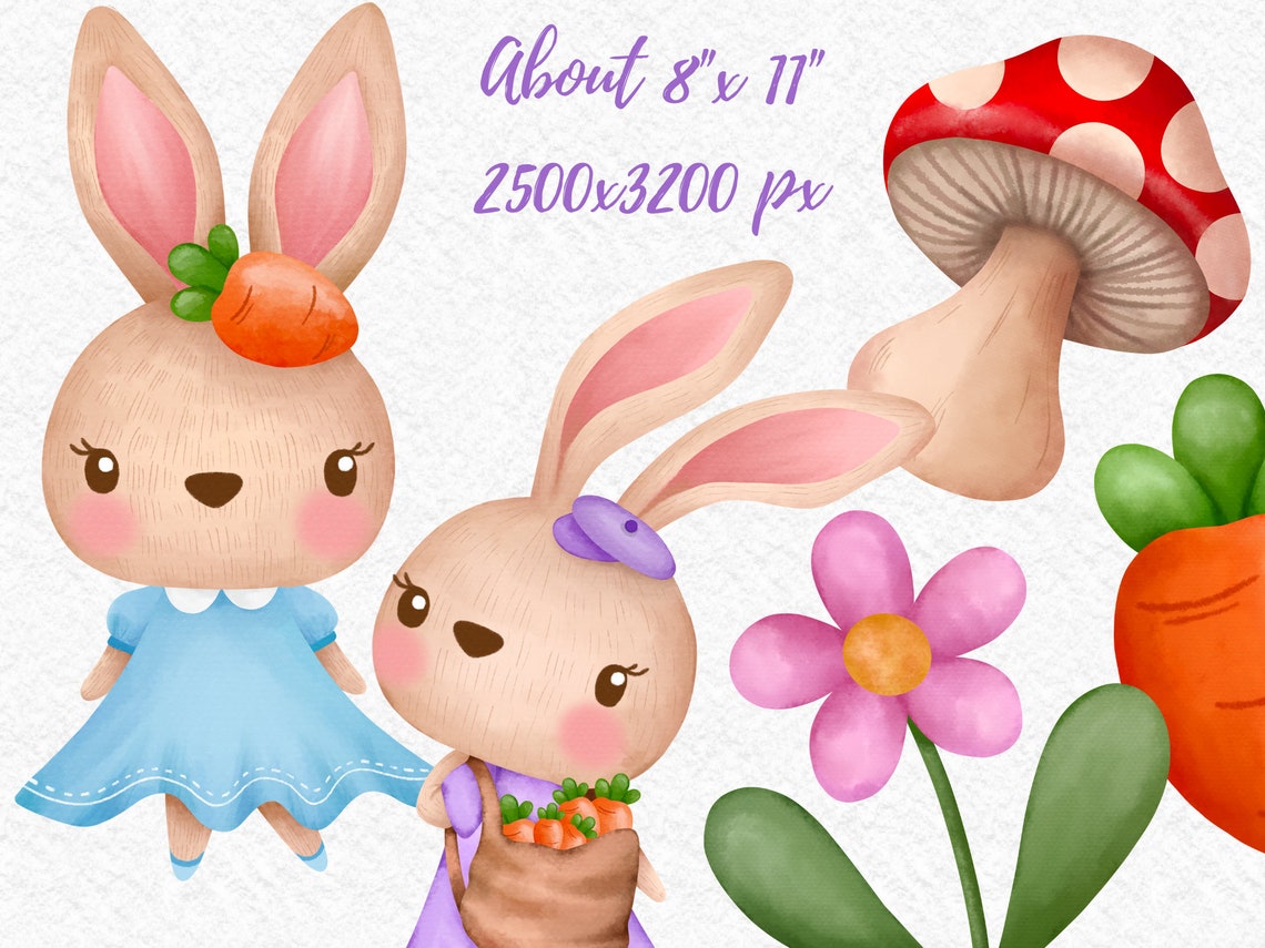Bunny Village Watercolor Clipart, Easter Clipart PNG, Rabbit, Carrot ...