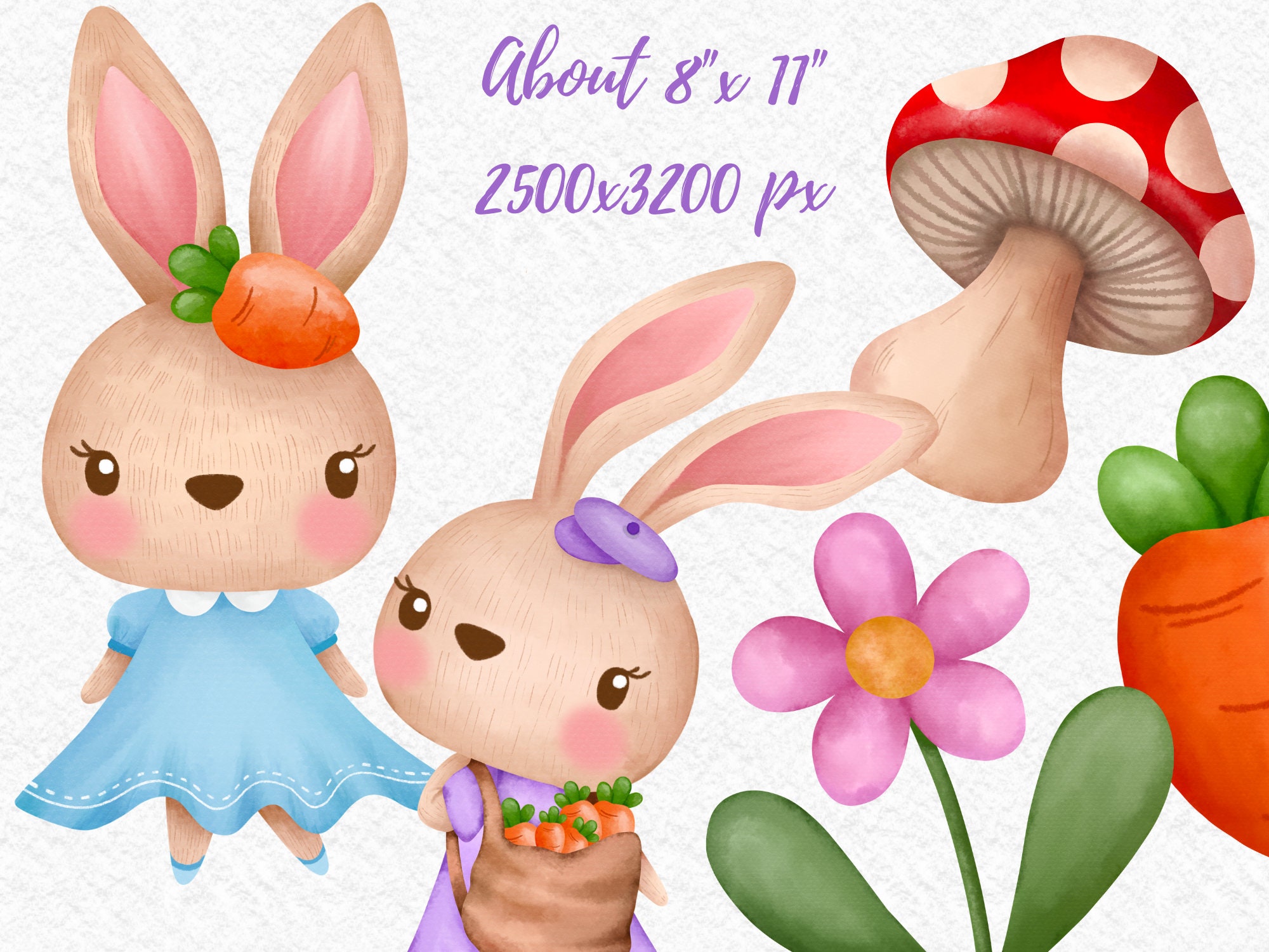 Bunny Village Watercolor Clipart, Easter Clipart PNG, Rabbit, Carrot ...