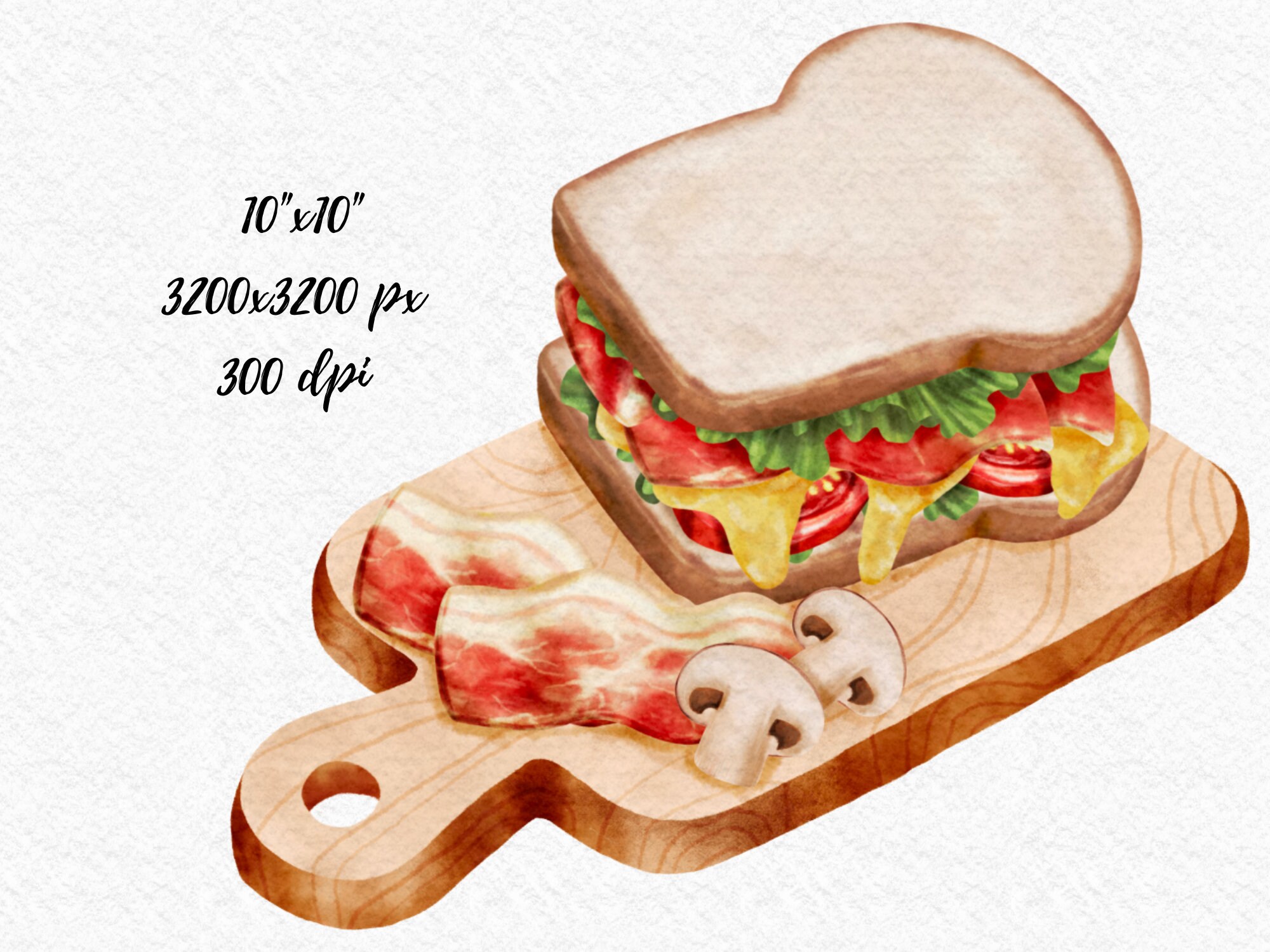 Easy Breakfast Watercolor Clipart PNG Digital Download Sandwich Bacon ...