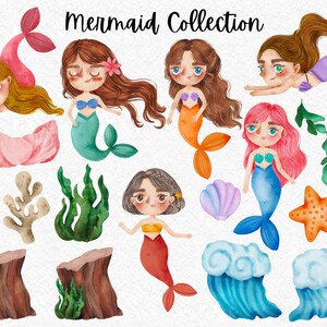 Mermaid Collection Watercolor Clipart PNG Digital Download Cute Kid ...