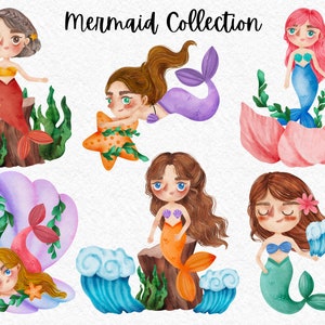 Mermaid Collection Watercolor Clipart PNG Digital Download Cute Kid ...