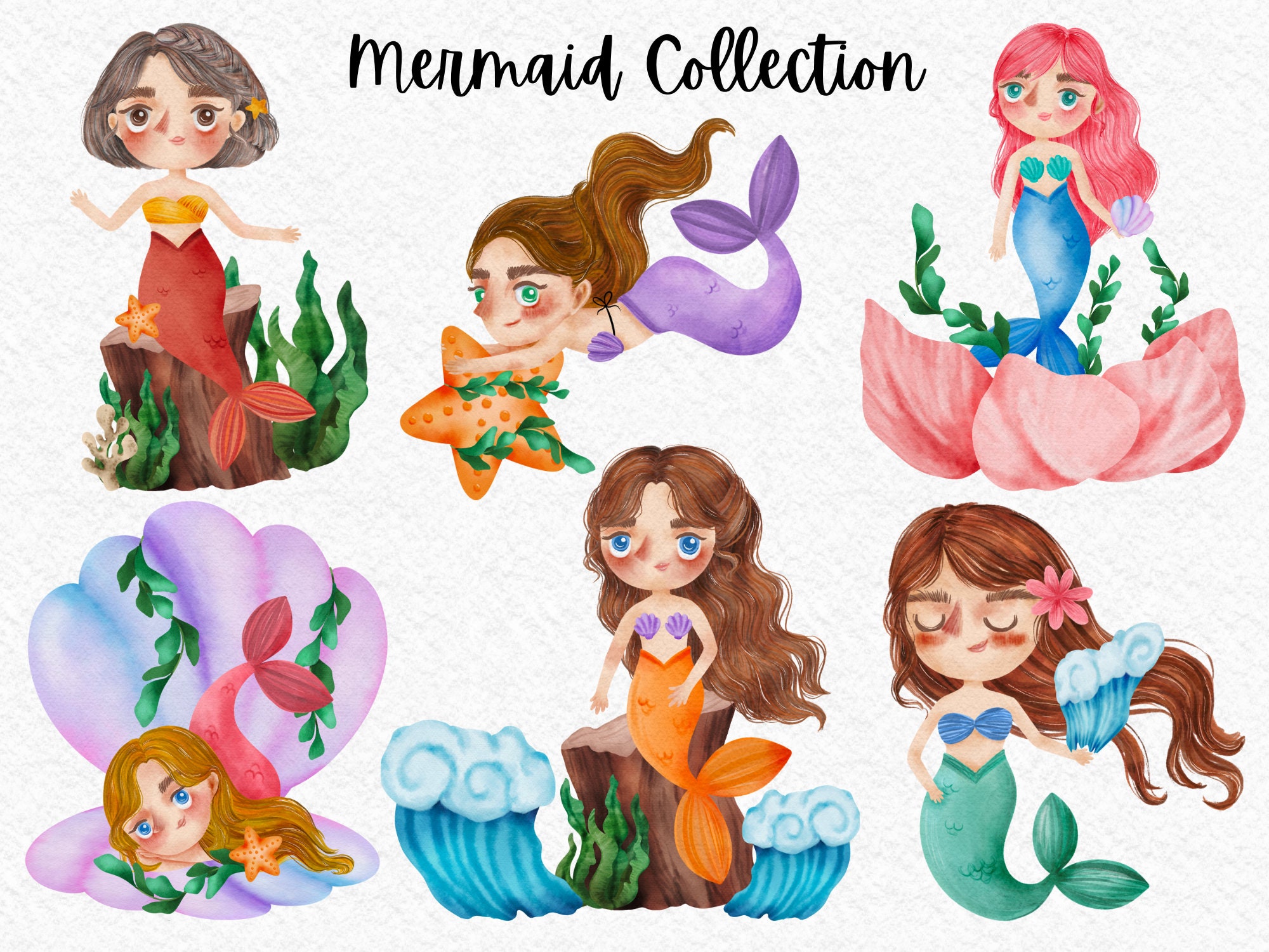 Mermaid Collection Watercolor Clipart PNG Digital Download - Etsy