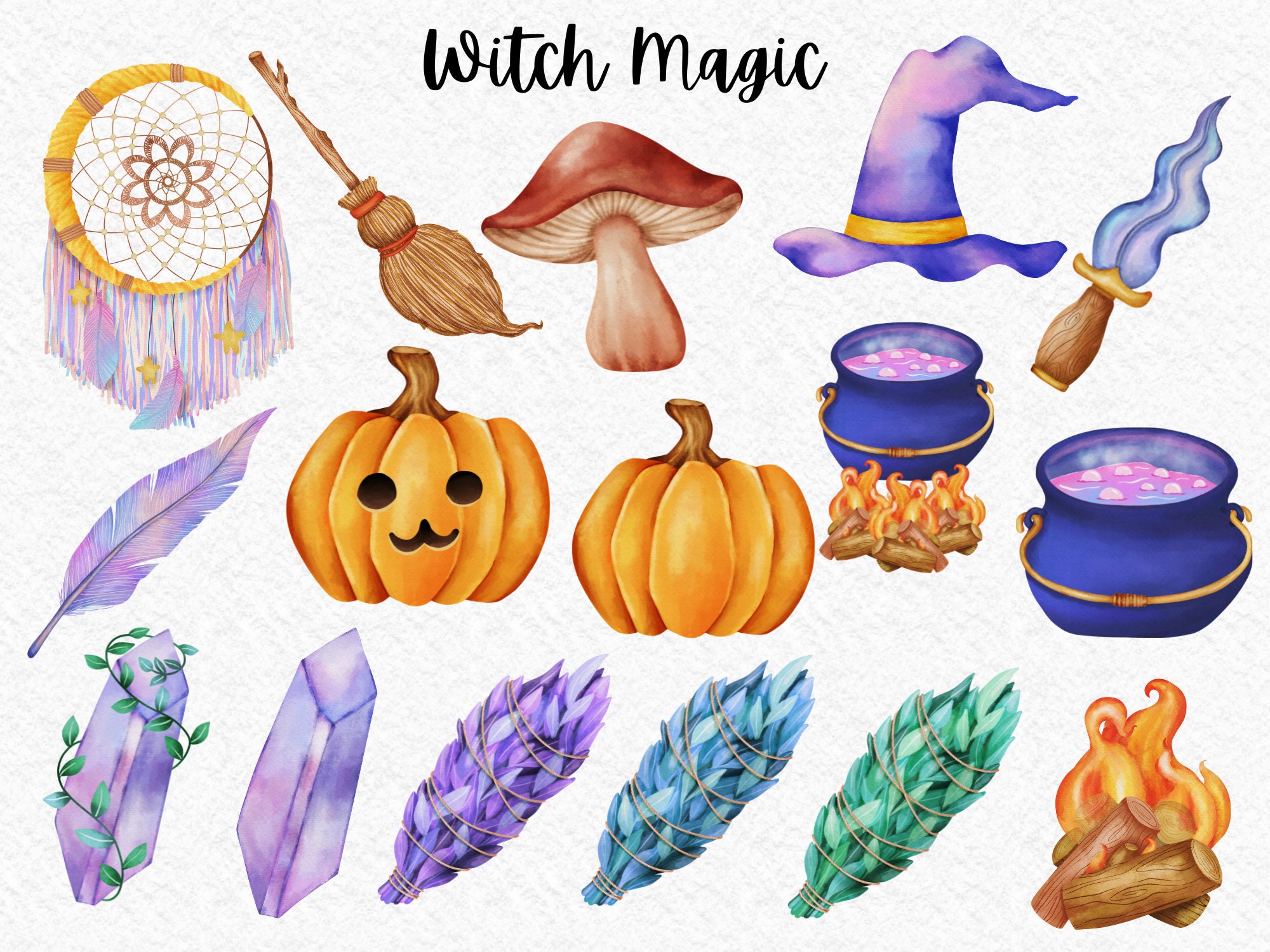 Witch Magic Watercolor Digital Clipart Cute Magic Sticker - Etsy