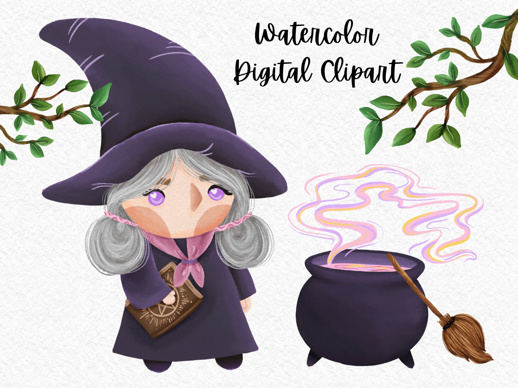 Make a Witch Watercolor Clipart Baby Kids Witches Cute Kawaii Halloween ...