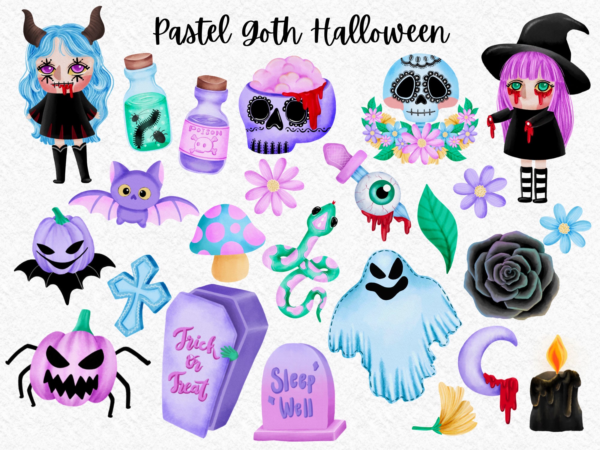 Pastel Goth Halloween Watercolor Clipart PNG Files Gothic Spooky Trick ...