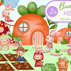 Bunny Village Watercolor Clipart: Easter Rabbit PNG (digital Download ...