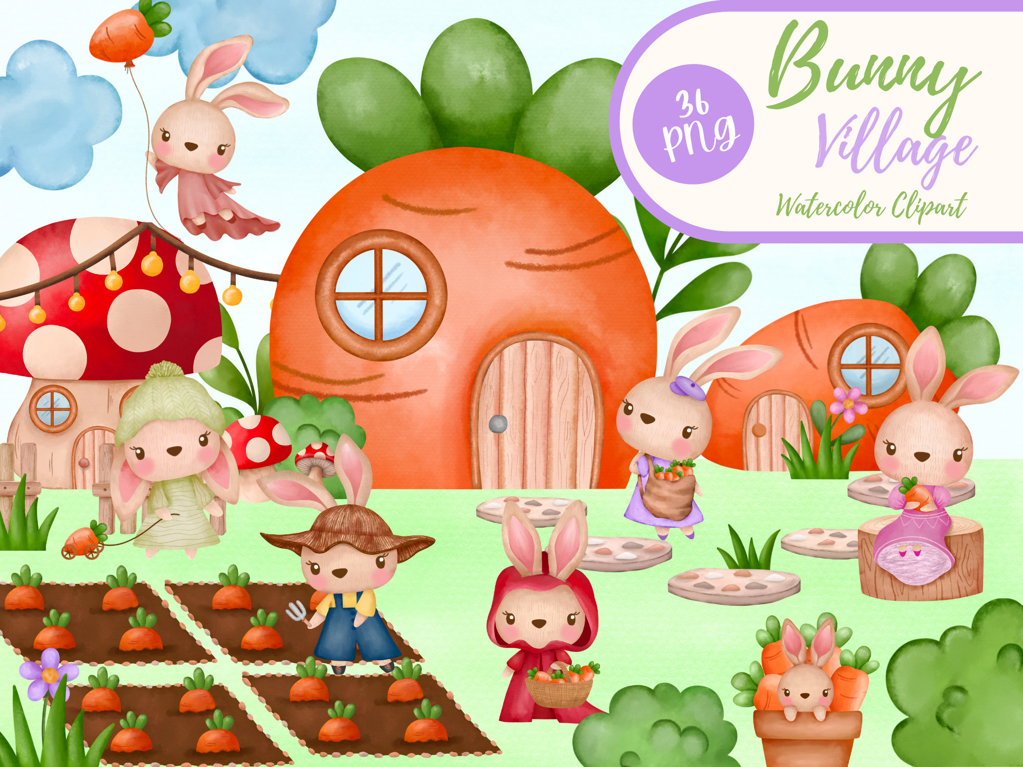 Bunny Village Watercolor Clipart, Easter Clipart PNG, Rabbit, Carrot ...