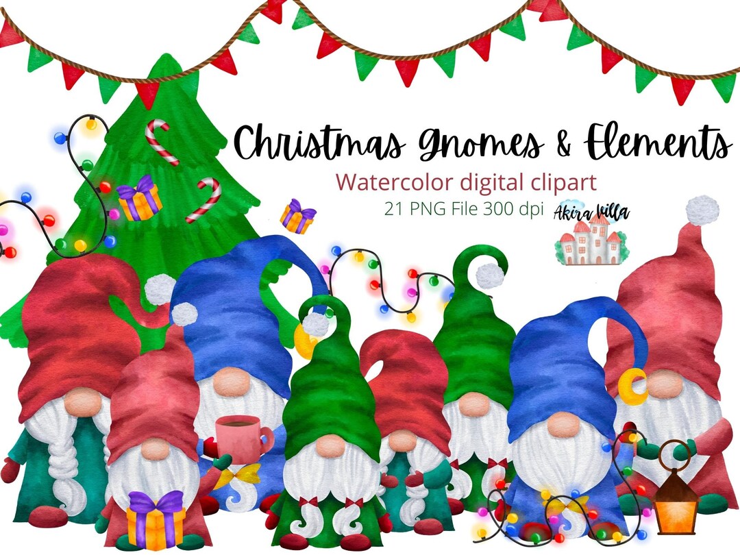 Christmas Gnomes and Elements Watercolor Digital Hand Draw Clipart 21 ...