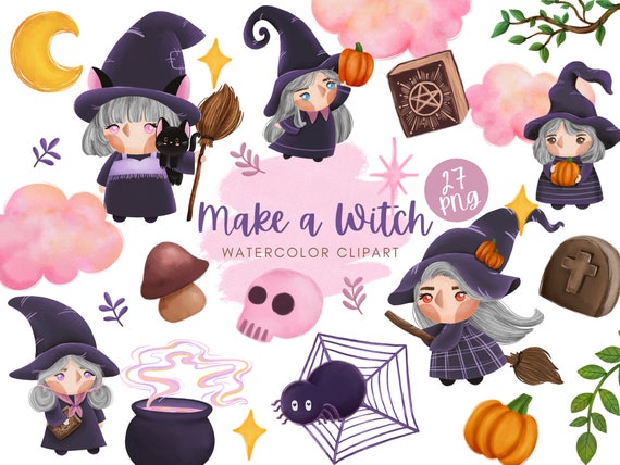 Make a Witch Watercolor Clipart Baby Kids Witches Cute Kawaii - Etsy