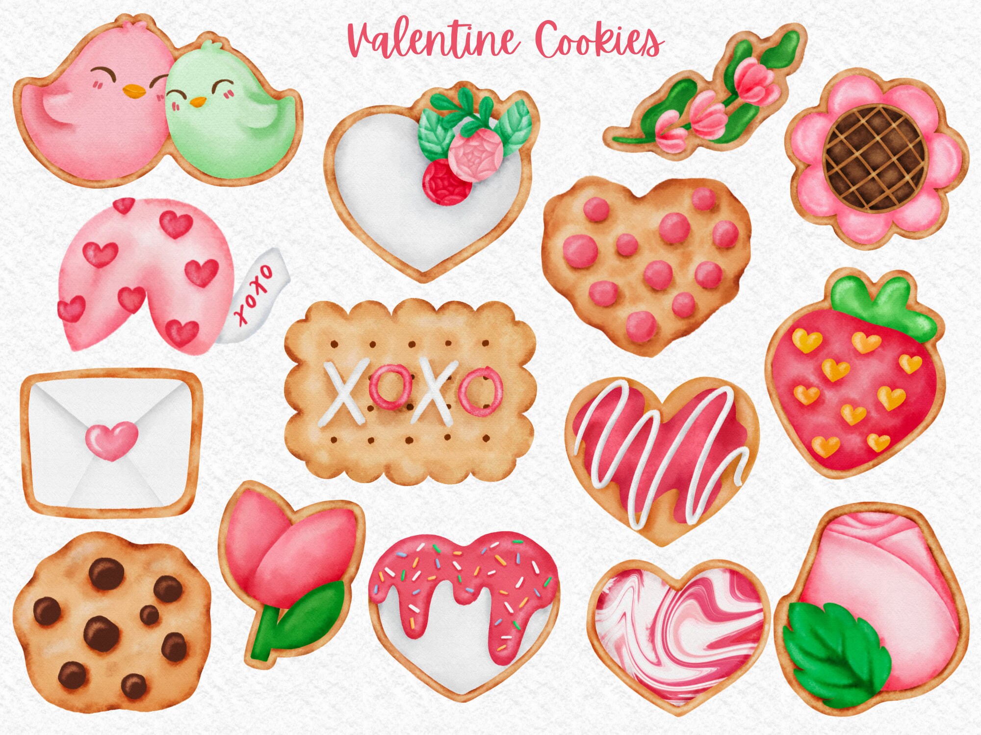 Valentine Cookies Watercolor Clipart: 15 PNG Bakery Designs (digital ...
