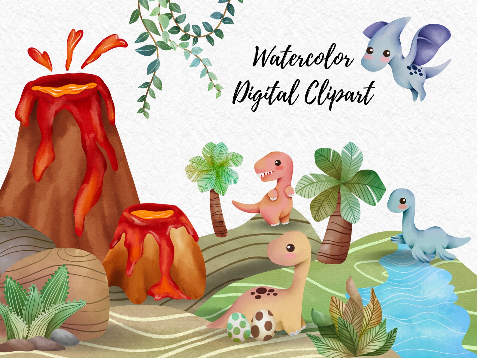 Cute Dinosaurs V2 Watercolor Clipart PNG Jurassic Elements - Etsy