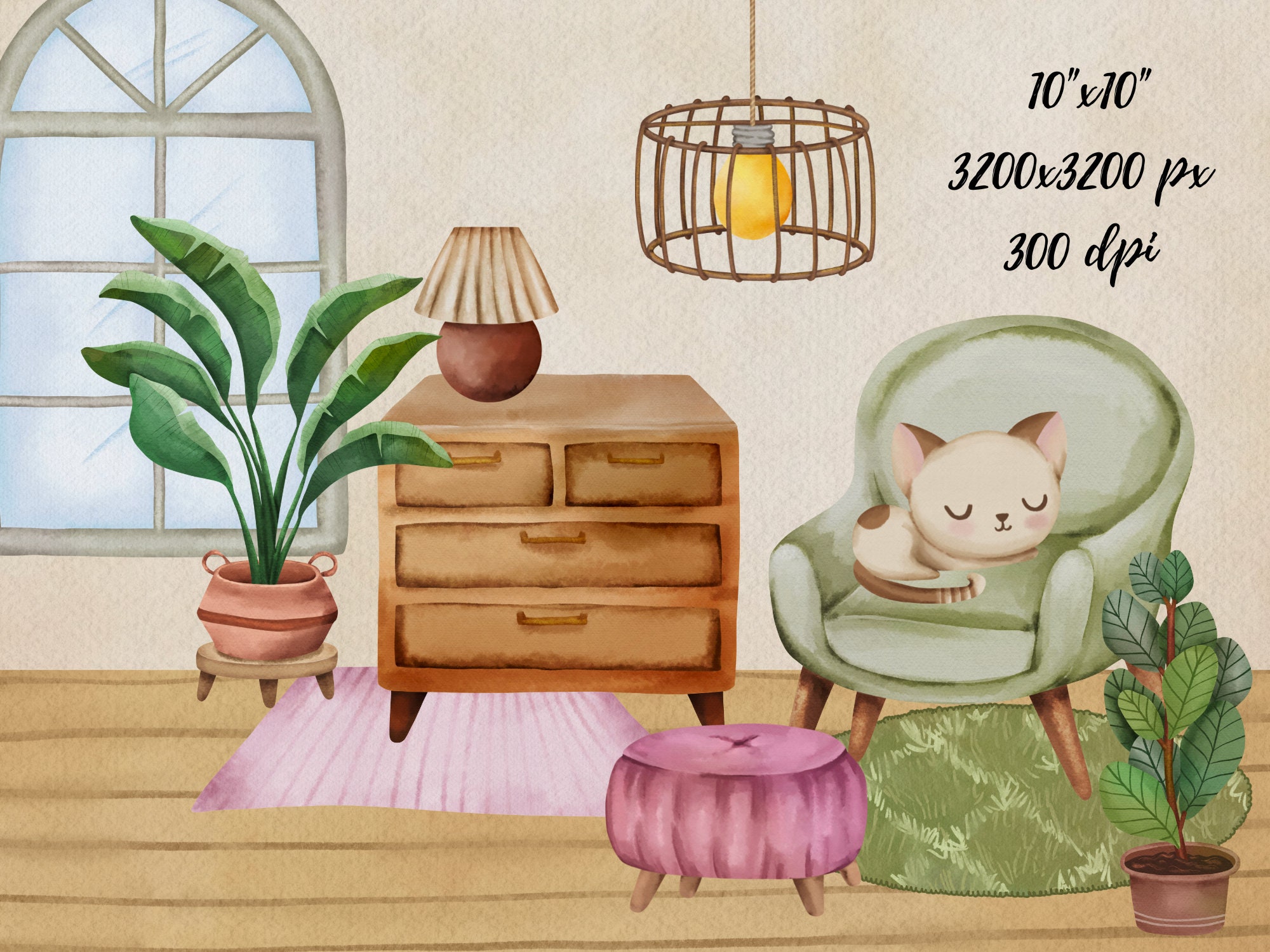 Cozy Interior Watercolor Digital Clipart PNG , Boho Furniture , Home ...