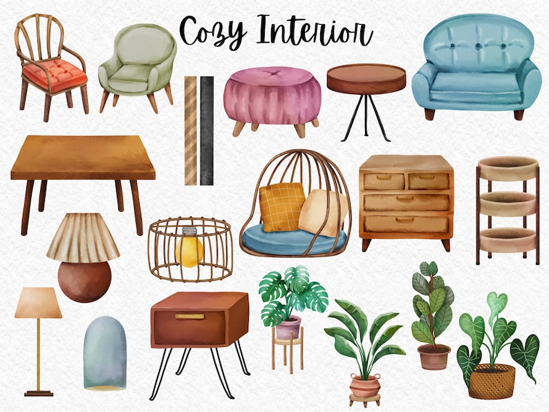 Cozy Interior Watercolor Digital Clipart PNG , Boho Furniture , Home ...