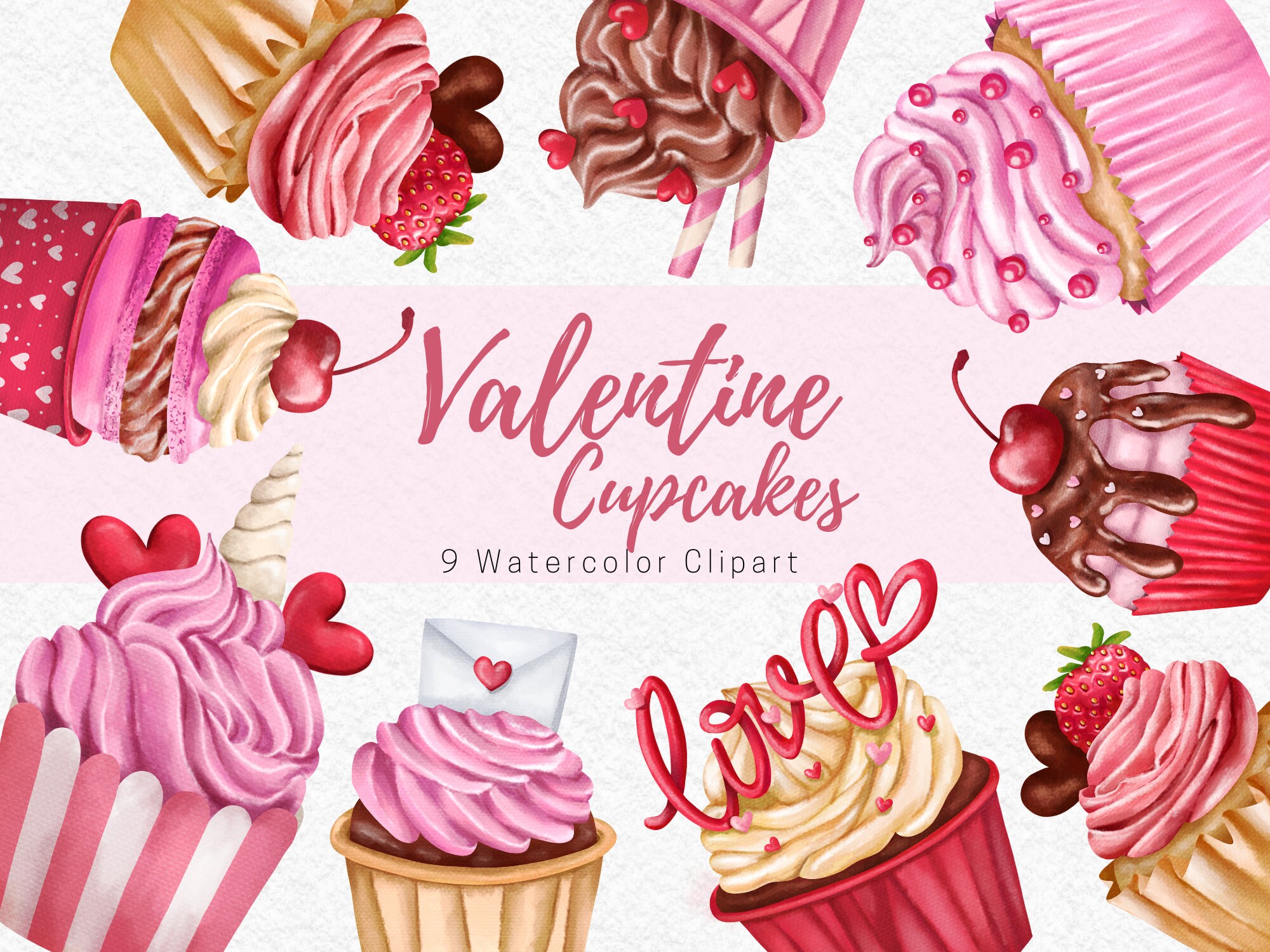 Valentine Cupcakes Watercolor Clipart 9 Png Files Valentines - Etsy