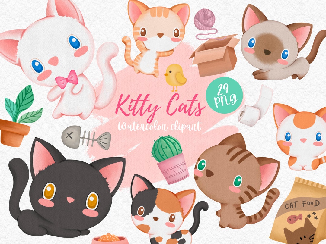 Kitty Cats Watercolor Digital Clipart Png Files Digital Download Kawaii ...